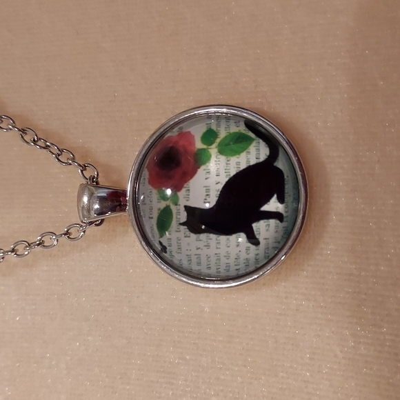 Jewelry | 197s Vintage Round Glass Black Kitty Cat Rose Pendant Rolo ...